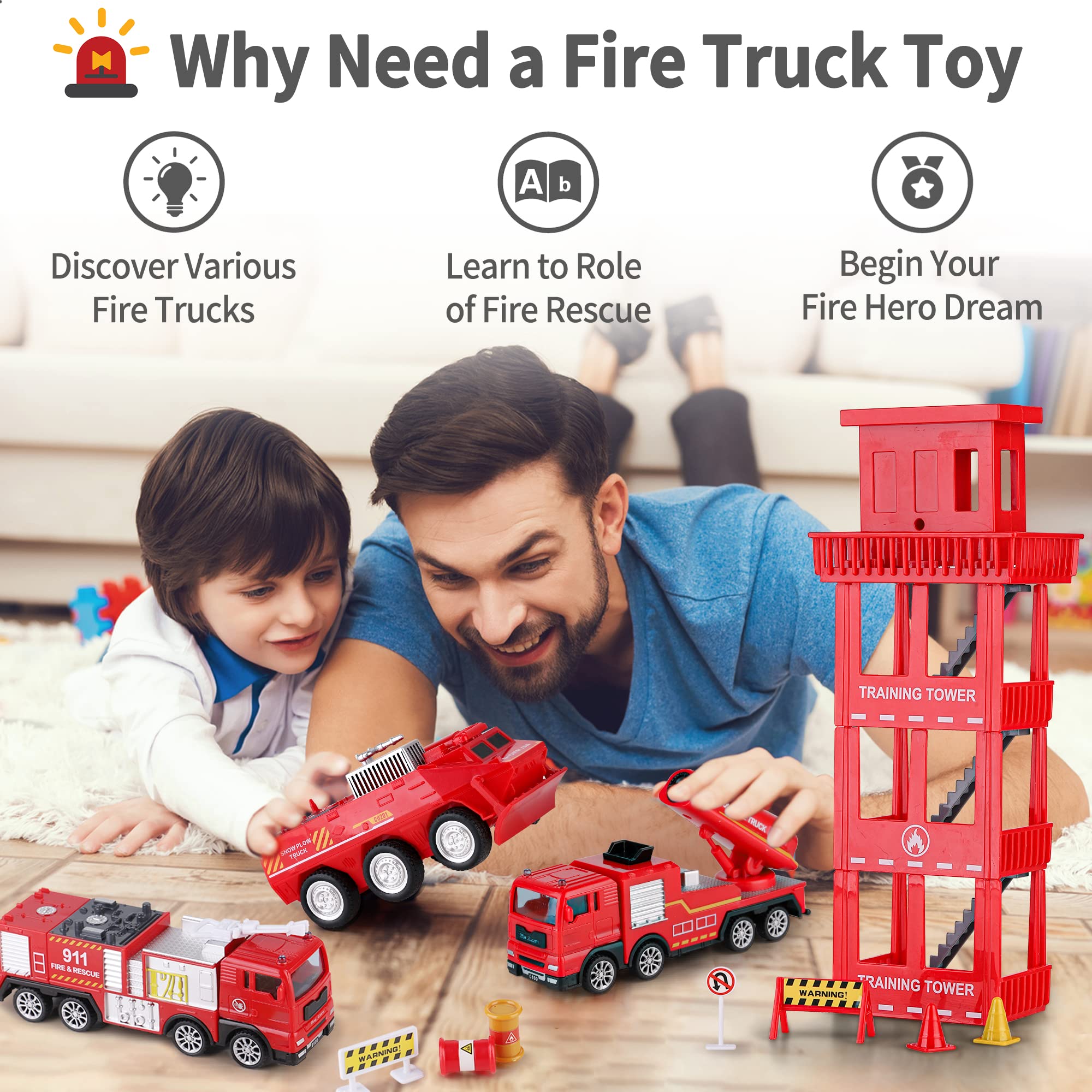 iPlay, iLearn Fire Trucks Toy for Boys 3-5, Kids Fire Engine Station Playset, Toddler Emergency Vehicles Learning, Realistic Firefighter Site Ladder Truck, Birthday Gifts for 4 6 7 8 Years Old