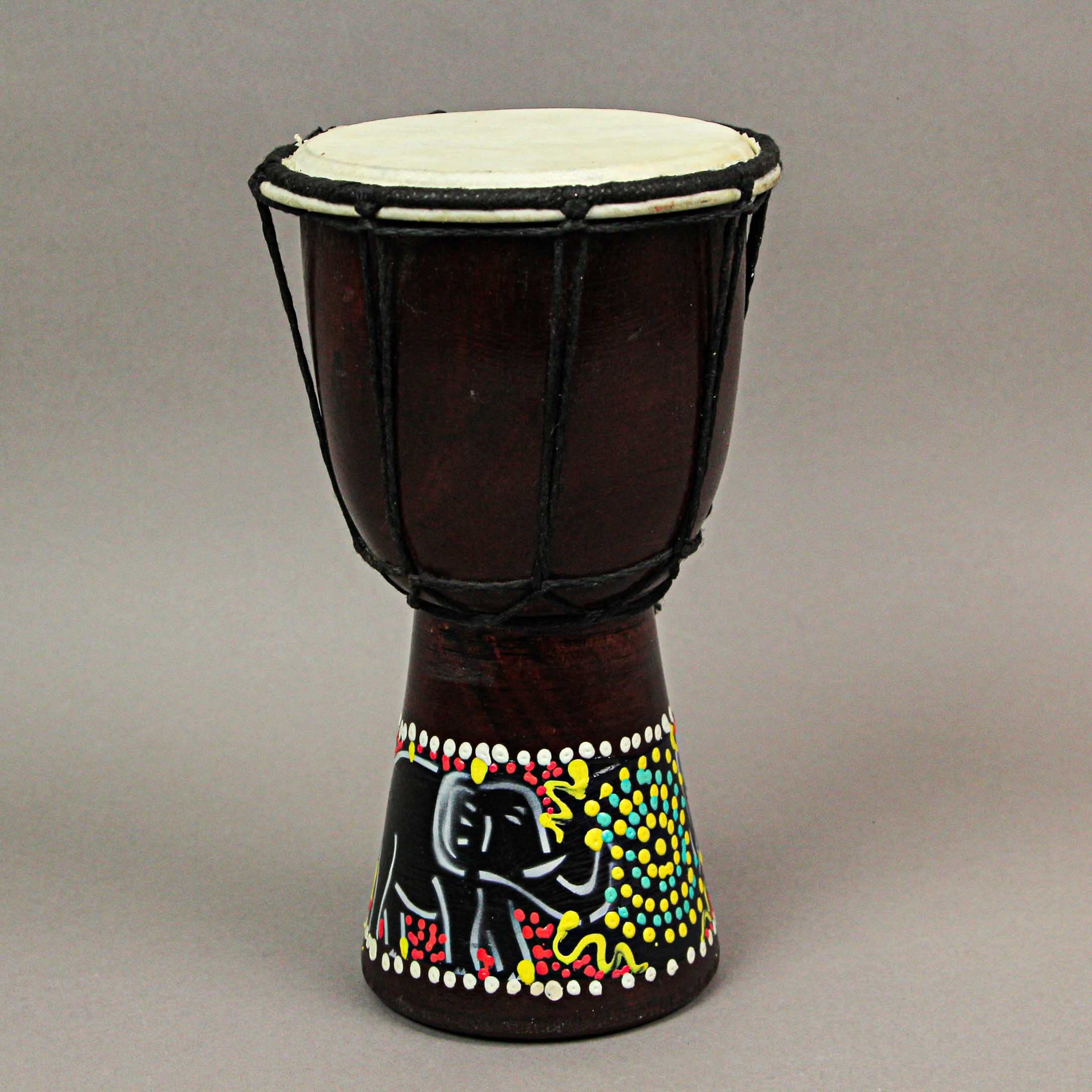 Aboriginal Dot Painted Elephant Djembe Drum 8 Inches Tall 4.5 Inch Diameter