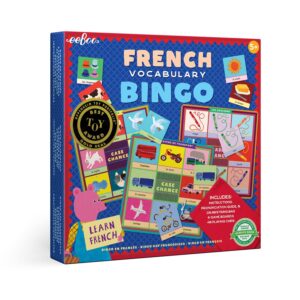 eeboo: french bingo vocabulary game, includes- pronunciation guide & drawsting bag, 6 game boards, 48 playing chips, 2 to 6 players, for ages 5 and up