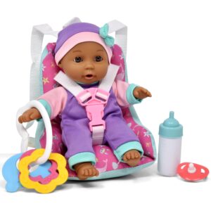 dolls to play baby doll car seat with toy accessories, includes 10 inch soft body baby doll, booster seat carrier, rattle toy, bib and bottle, a travel gift set for toddlers infants girls and boys