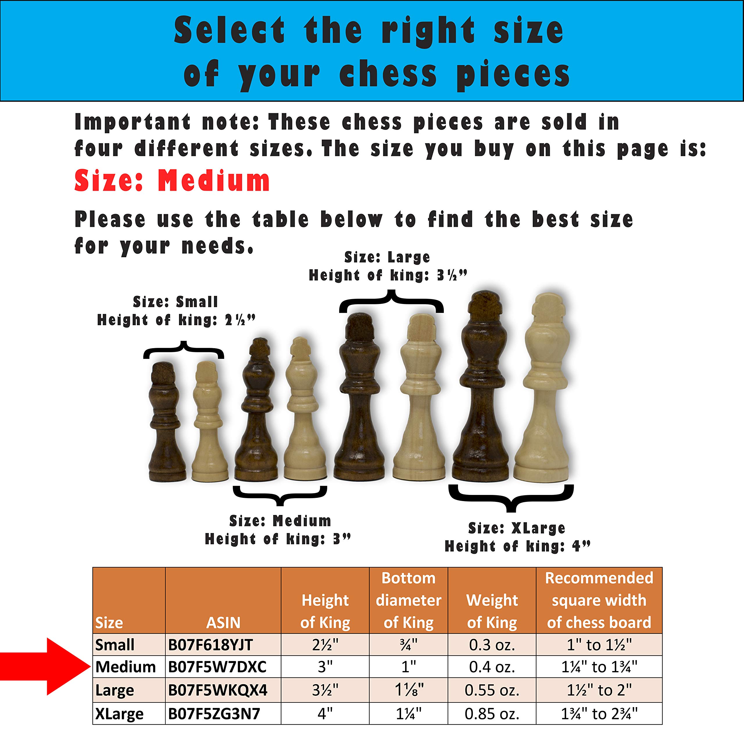 GrowUpSmart Staunton Chess Pieces with Extra Queens | Size: Medium - King Height: 3 inches | Wood