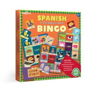 eeboo: spanish bingo vocabulary game, a game of imaginative problem solving, educational games that cultivates conversation, socialization, and skill-building, learn spanish, for ages 5 and up