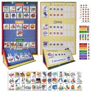 schkidules home-themed magnetic visual schedule & reward chart w/129 colorful magnets & 2-sided 18” folding board; for daily routines, chores, behavioral supports, kids’ calendar, adhd & autism tools