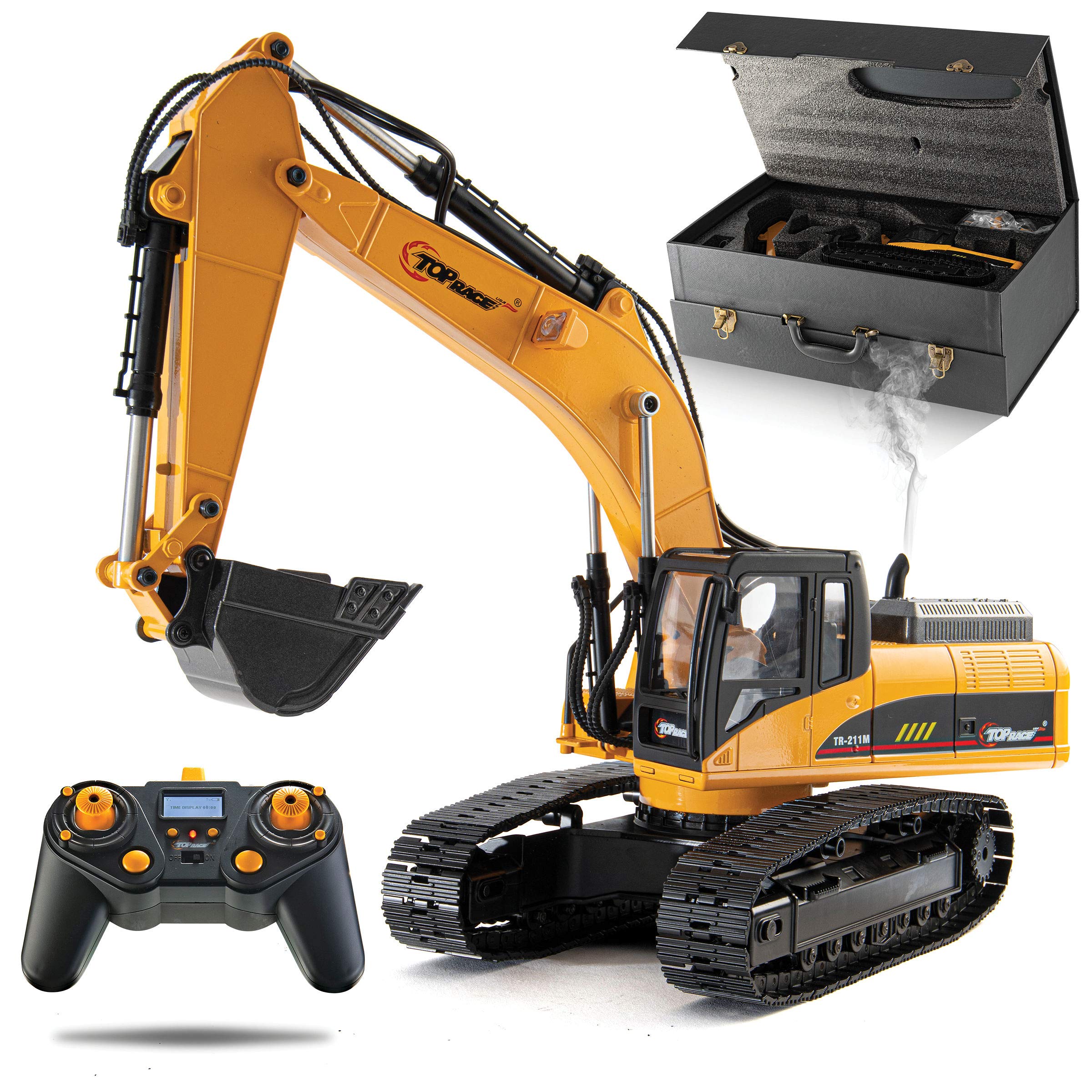 Top Race Full Metal Adult RC Hydraulic Excavator Truck - 23-Channel Remote Control Excavator Toy with Claw Grabber - Rechargeable 2000mAh Battery, Smoke Simulated, RC Trucks, 180 Lbs Capacity