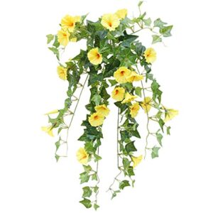 calcifer 1 branch(12 stems/23 flowers) artificial morning glory trumpet flower vine plastic flower bouquet hanging wall strings flowers for home garden wedding party decoration (yellow)