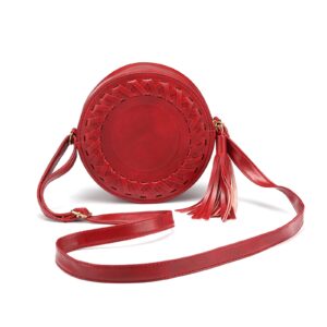 joseko women crossbody bags, pu leather zipper shoulder bag round cell phone purse with tassel red 7.48''(l) x 7.48''(w) x 2.75''(h)