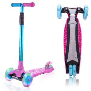 wv wonder view 3 wheel scooter for kids, kids scooter with light up wheels, sturdy deck design, and 4 height adjustable suitable for kids ages 3-12, pink