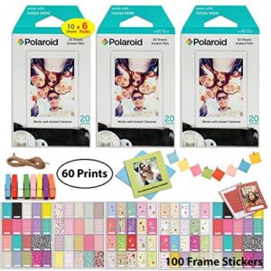 polaroid instant film (60 sheets) 6 x instant film 10 shots per pack + 10 hanging picture frames + 60 sticker frames accessory bundle - designed for use with fuji instax mini & pic 300 cameras pif300