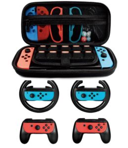 accessories kit for nintendo switch games starter, 2x steering wheel, 2x grip kit, 1x travel carry case(5 in 1 black)