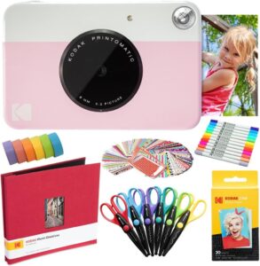 kodak printomatic instant camera (pink) art bundle + zink paper (20 sheets) + 8x8 cloth scrapbook + 12 twin tip markers + 100 border stickers + 6 decorative scissors + washi tape