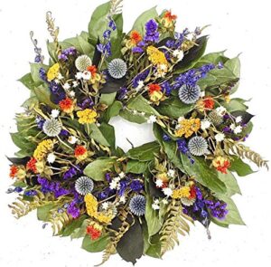 the gathering garden country blues. dried floral and herbal wreath, 15 inch, hand made in the usa. round wreath, wreath for the front door home décor