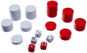 backgammon checkers set 1 1/4" | red and white | also includes four dice and doubling cube | for supplement or replacement of lost checkers/stones/game pieces