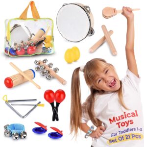 toddler educational & musical percussion for kids & children instruments set 21 pcs – with tambourine, maracas, castanets & more – promote fine motor skills, enhance hand to eye coordination,