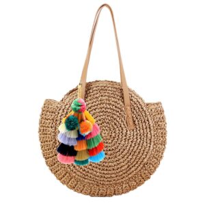 donalworld women round straw pompom shoulder bag corn summer woven bags coffee