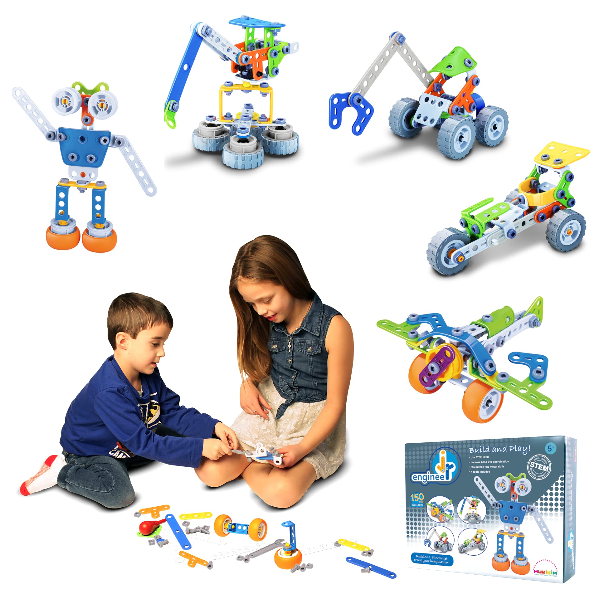 Jr. Engineer - Robot & Airplane | Junior Educational Stem Learning Construction Set for Boys & Girls 5+ Years | 150 Piece Creative Engineer Set (Tools Included), Build 5 Models & More!