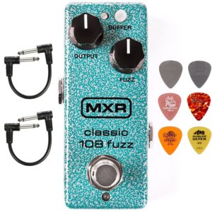 mxr m296 classic 108 fuzz mini effects pedal bundle with 2 patch cables and 6 dunlop picks