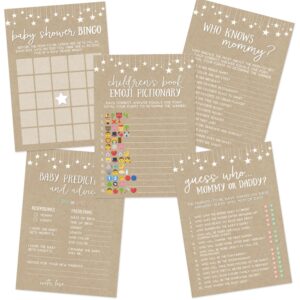 printed party baby shower games for boy or girl – 5 games & activities, rustic kraft paper theme, 50 guests