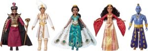 disney aladdin agrabah collection, 5 fashion dolls with accessories inspired by disney's live-action movie, genie, aladdin, princess jasmine, dalia, jafar