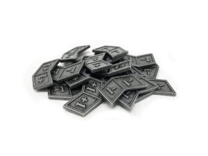 citadel black mtg buff counters +1/+1 and -1/-1 set of 20 metal tokens - with velvet drawstring pouch, antique silver finish metal tokens, magic: the gathering, gray