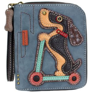 chala group weinder dog on scooter zip-around wallet/wristlet dachshund, indigo, 5" x 6" x 1"