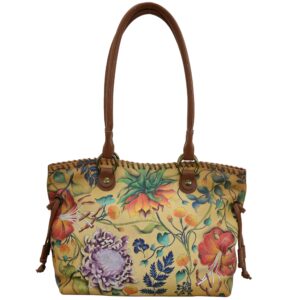 anuschka women’s hand-painted genuine leather drawstring shopper bag - caribbean garden