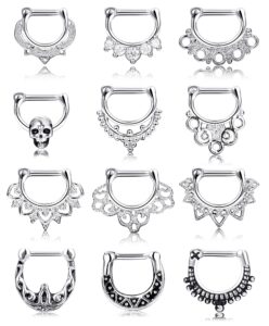 finrezio 12 pcs 14g stainless steel nose rings hoop cartilage earrings septum clicker bull rings cz body piercing jewelry (gauge: 14g=1.6mm)