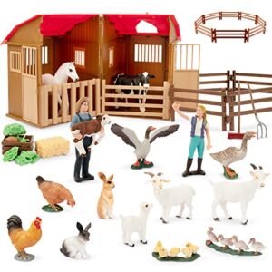 toymany 40pcs barn house toys farm animals figures with fence farm playset, plastic farm figurines farmhouse toys, farmers horse cow hen & fodders, christmas birthday gift for kids toddlers