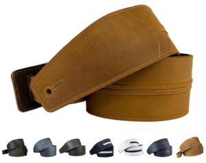 anthology gear the original straight up full grain padded leather guitar strap - for electric, acoustic and bass guitars (3" width, tobacco)