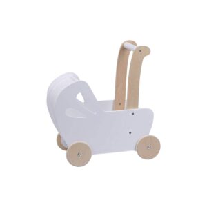 line baby doll wooden pram in white, toddler walking toy