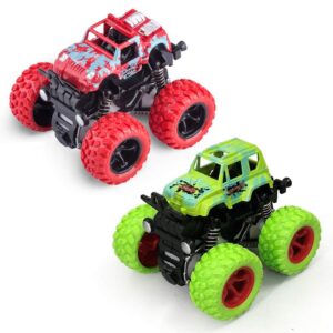 xhaiz 2pcs monster trucks toys for 3 year old boys， pull back cars toy for toddler, friction powered monster truck,cars birthday for kids ages 3 4 5 6 7 boys and girls (red and green)