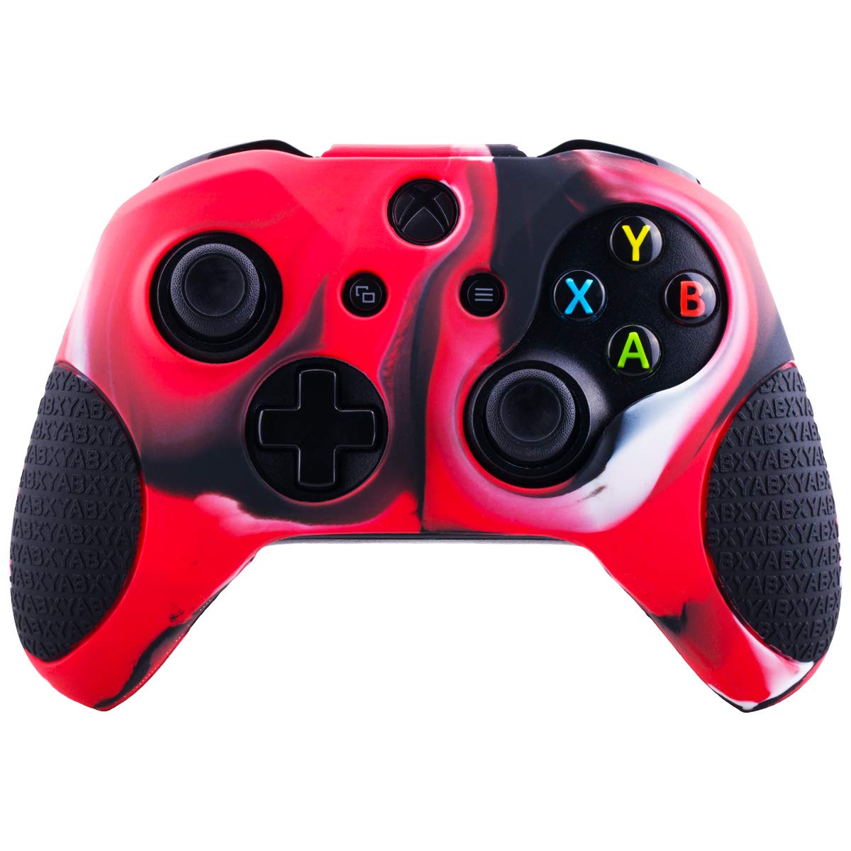 YoRHa Thickened Rubber Silicone Cover Skin Case 3D Letters Massage Grip for Xbox One S/X Controller x 1(Red&Black) with PRO Thumb Grips x 8