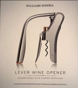 williams sonoma lever wine opener accentuated with copper detailing with nonstick screw & built-in foil cutter