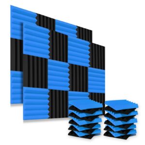 acoustic foam panels, recording studio acoustical treatments foam panels – 2 inch thick 12x12 (24 pack) | sound observing soundproofing fireproof wall foam tiles | for studio office (black & blue)