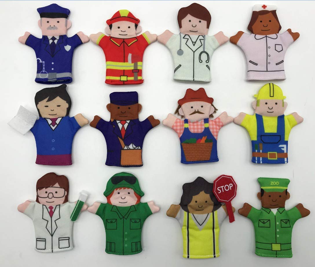 Happy Helpers Finger Puppets 12-Piece Set - Teach and Learn with a Variety of Neighborhood People Characters - Free Bonus E-Book - for Families, Children, Kindergarten, Play and ESL