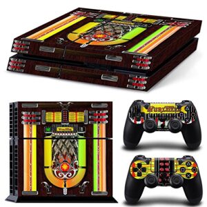 zoomhitskins ps4 console and controller skins, retro classic jukebox vintage brown wood yellow music box, durable, bubble-free goo-free, 1 console skin 2 controller skins, made in usa