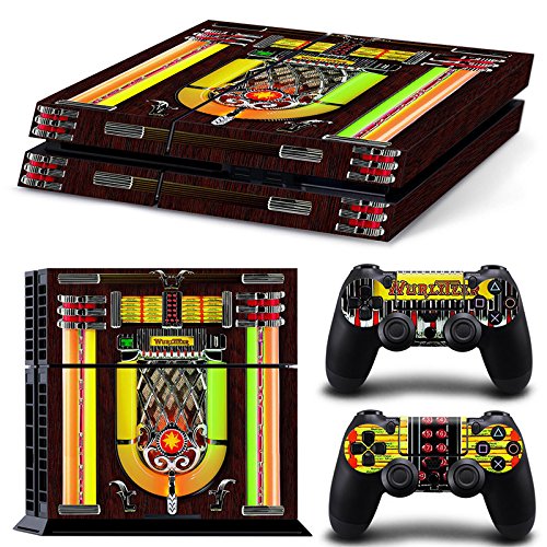 ZOOMHITSKINS PS4 Console and Controller Skins, Retro Classic Jukebox Vintage Brown Wood Yellow Music Box, Durable, Bubble-Free Goo-Free, 1 Console Skin 2 Controller Skins, Made in USA