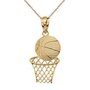 14k yellow gold basketball hoop sports pendant necklace, 18"