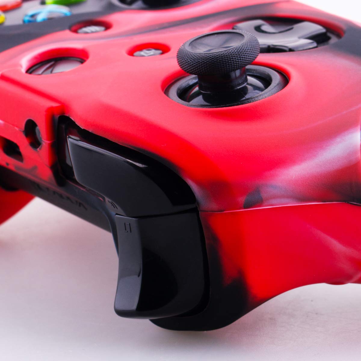 YoRHa Thickened Rubber Silicone Cover Skin Case 3D Letters Massage Grip for Xbox One S/X Controller x 1(Red&Black) with PRO Thumb Grips x 8