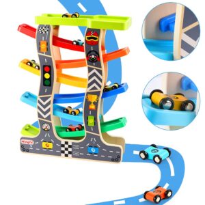 Lewo Wooden Montessori Car Ramp Toys for Toddlers 1-3, Race Car Tracks Baby Toys with 8 Mini Car and 1 Garage, Christmas Birthday Gifts for Toddlers Boys and Girls 1 2 3 4 Years Old