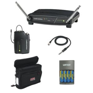 audio-technica atw-901a/g system 9 vhf wireless unipak system with at-gcw guitar/input cable, gm-1w mobile pack & 4-hour rapid charger kit