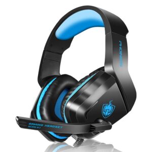 phoinikas gaming headset, ps5 headset for ps4, xbox one, pc, laptop, switch, over ear gaming headphones noise-cancelling mic, bass surround - blue