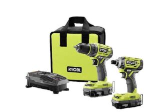 ryobi 18-volt one+ lithium-ion cordless brushless drill/driver-impact driver 2-tool kit w/(2) 1.3 ah batteries, charger,