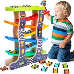 lewo wooden montessori car ramp toys for toddlers 1-3, race car tracks baby toys with 8 mini car and 1 garage, christmas birthday gifts for toddlers boys and girls 1 2 3 4 years old