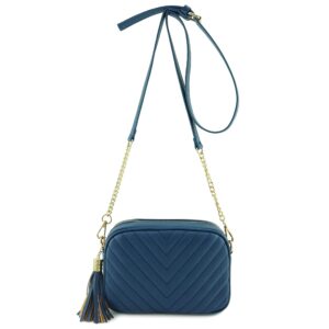 simple shoulder crossbody bag with metal chain strap and tassel top zipper (dusty navy)