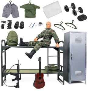 click n' play military camp bunk house life, military 12” action figure play set with accessories including army gear, bunk beds, locker, army playset for boys 3+