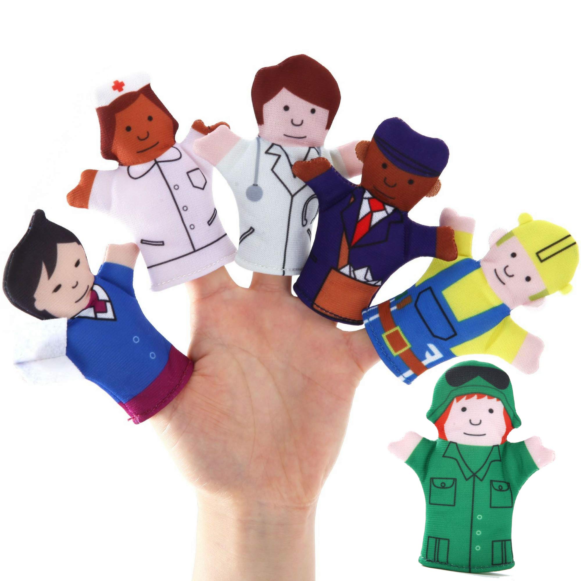 Happy Helpers Finger Puppets 12-Piece Set - Teach and Learn with a Variety of Neighborhood People Characters - Free Bonus E-Book - for Families, Children, Kindergarten, Play and ESL