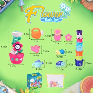 16Pcs Bath Toys for Toddlers, Flower Waterfall Water Station Garden Squirter Toys, Stacking Cups Watering Can Shower Toy,Fun Bath Time Toys for Kids Girls and Boys Age 1-5