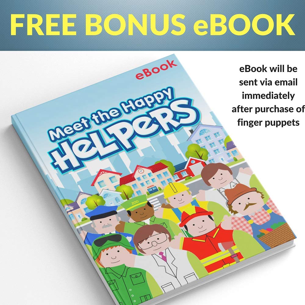 Happy Helpers Finger Puppets 12-Piece Set - Teach and Learn with a Variety of Neighborhood People Characters - Free Bonus E-Book - for Families, Children, Kindergarten, Play and ESL