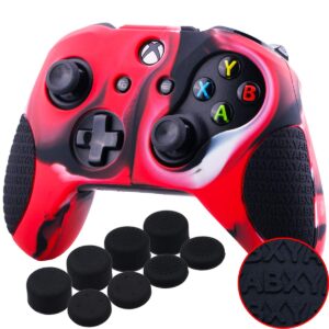 yorha thickened rubber silicone cover skin case 3d letters massage grip for xbox one s/x controller x 1(red&black) with pro thumb grips x 8