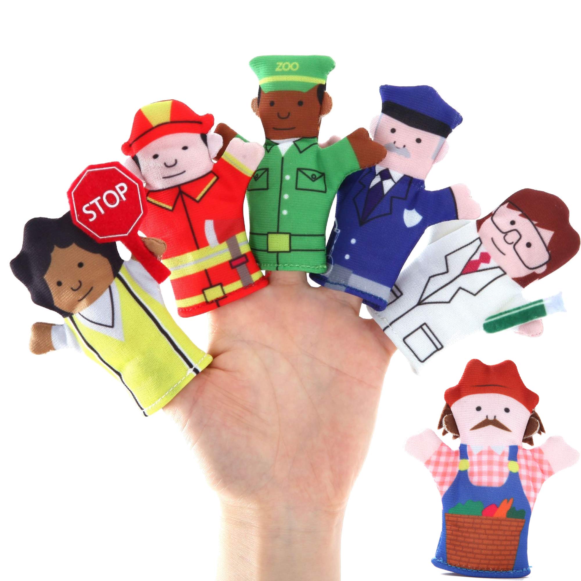 Happy Helpers Finger Puppets 12-Piece Set - Teach and Learn with a Variety of Neighborhood People Characters - Free Bonus E-Book - for Families, Children, Kindergarten, Play and ESL